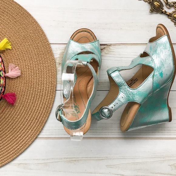 Born | Shoes | Born Crown Leather Iridescent Wedge Teal Sandals | Poshmark